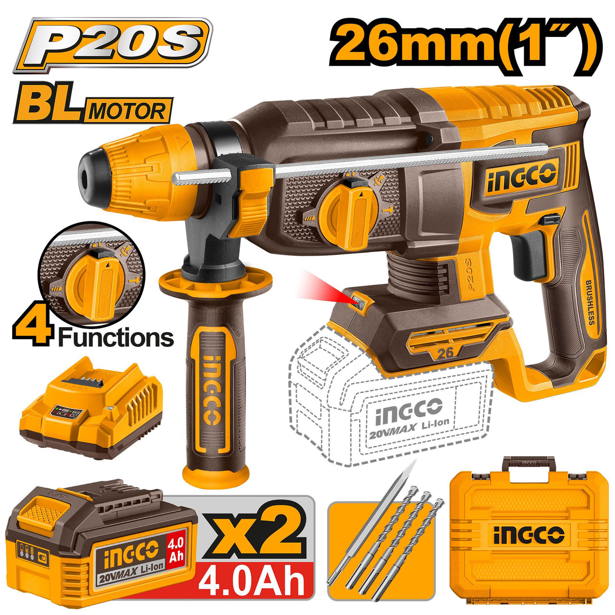Ingco 20V Cordless Rotary Hammer CRHLI202682 — SEPTFOUR INDUSTRIAL SUPPLY