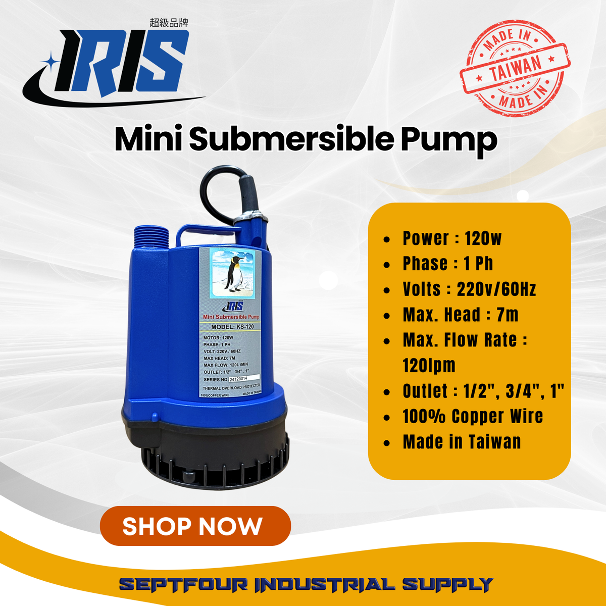 IRIS Mini Submersible Pump Made in Taiwan KC-120 — SEPTFOUR INDUSTRIAL SUPPLY