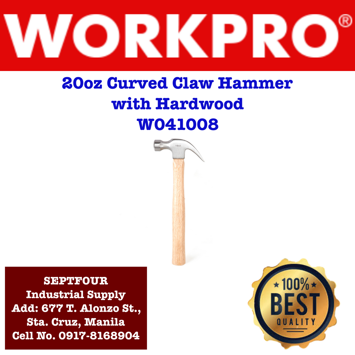 Workpro 20oz Curved Claw Hammer with Hardwood Handle #W041008 ...