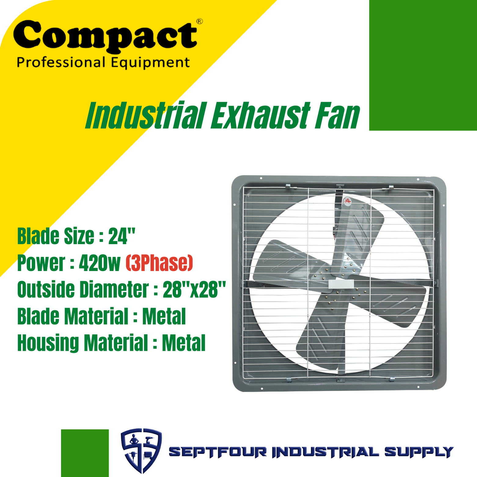 Compact 24" 420W (THREE PHASE) Reversible Industrial Exhaust Fan - Mad ...